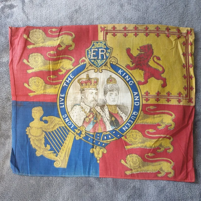 ANTIQUE KING EDWARD VII & Queen Alexandra Coronation Flag UK Royalty ...