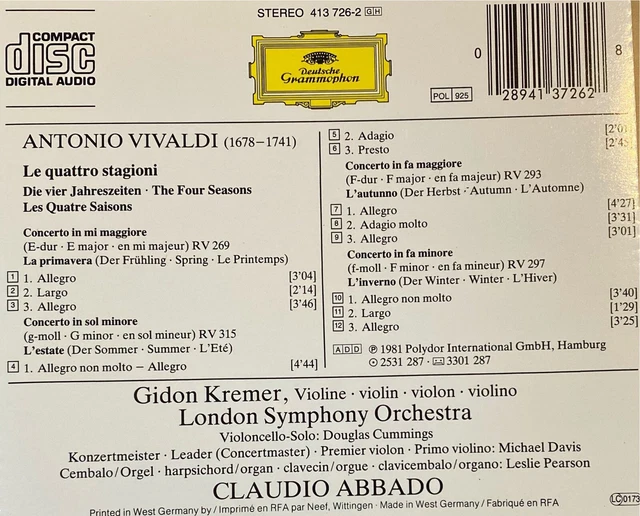 VIVALDI - THE Four Seasons - Kremer/Abbado/LSO CD Exc Cond! DG West ...