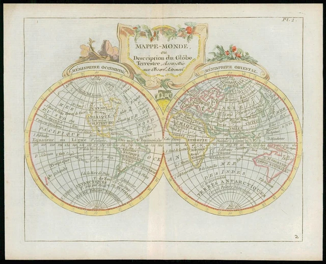 1787 - RARE Original Antique WORLD MAP Mappe-Monde GLOBE by de la Tour ...