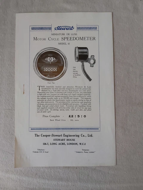 VINTAGE PREWAR COOPER Stewart Speedometer Speedo Brochure Motocycle £24 ...