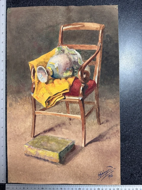 ANCIENNE AQUARELLE SIGNÉE G. GERAUD Nature Morte vase étoffe Fauteuil ...