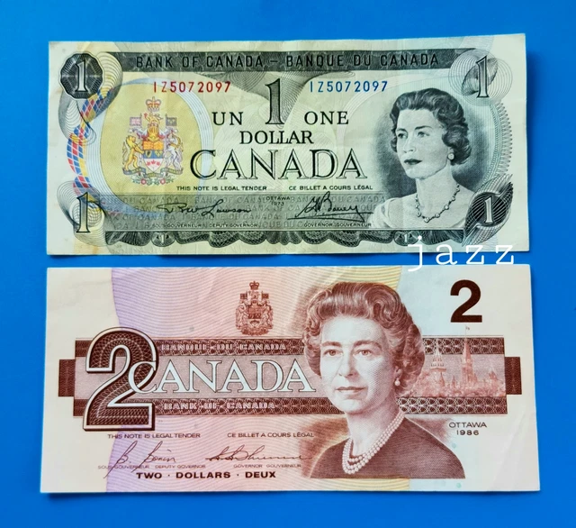 RARE OLD PAPER Money Bill Canada Banknotes 1973 $1 One & 1986 $2 Two ...