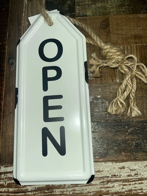 OPEN CLOSE SIGN White Black Metal Enamel Two Sided Flip Hanging Rustic ...