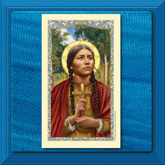NATIVE AMERICAN SAINT Kateri Tekakwitha LAMINATED Holy Card GILDED GOLD ...