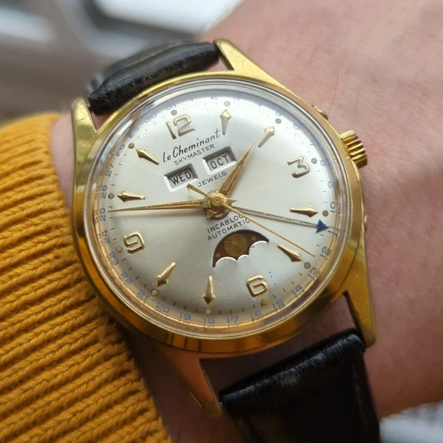 LE CHEMINANT SKYMASTER Triple Calendar Moonphase Vintage Mens Watch ...