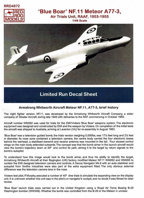 1/48 RAAF DECALS RRD4872; Meteor NF.11 A77-3 RAAF Air Trials Unit BLUE ...