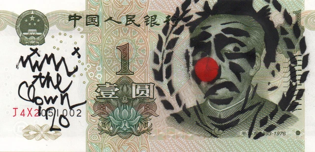 MIMI THE CLOWN pochoir original sur billet chinois 1 yuan / obey jonone ...