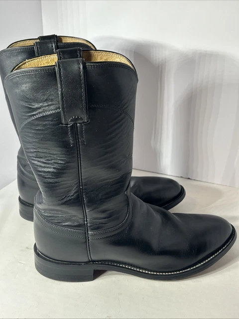JUSTIN ROPER SIZE 7 1/2 D Black Leather Brock Round Toe Roper Cowboy ...