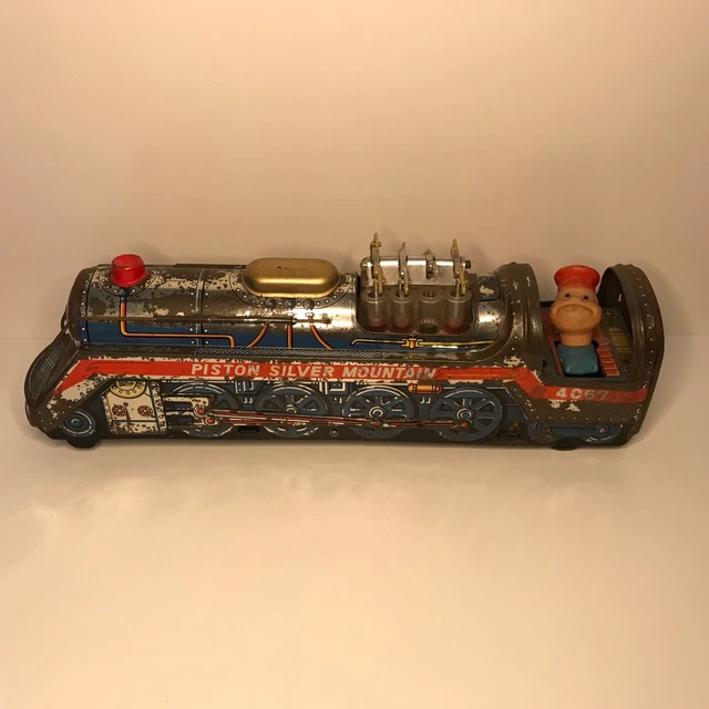 VINTAGE OLD BATTERY Operated Piston Silver Mountain Train Engine Tin ...