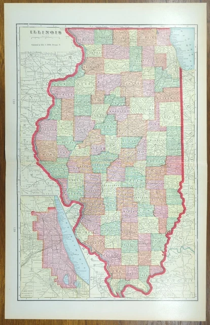 VINTAGE 1903 ILLINOIS Map 14"x22" Old Antique Original DECATUR EUREKA ...