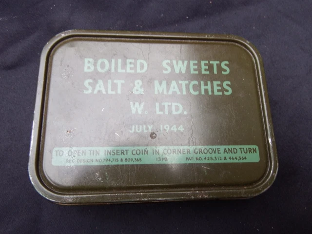ORIGINAL WW2 BRITISH Army, Boiled sweets Matches & Salt tin .July 1944 ...