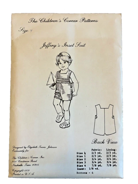CHILDREN'S CORNER JEFFERY'S Inset Suit Sewing Pattern Size 4 1979 ...