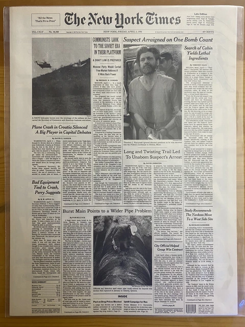 VINTAGE NEWSPAPER HEADLINE ~Terrorist Killer Ted Kaczynski Unabomber ...