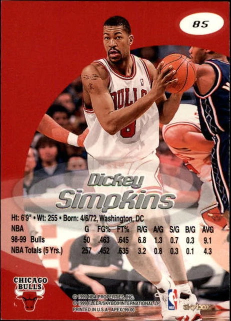 1999-00 SKYBOX APEX Chicago Bulls carte basketball #85 Dickey Simpkins ...
