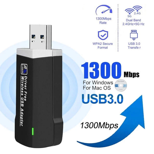 1300MBPS WIFI USB Wireless Network Receiver 2.4/5G Dual-Band Win10 11 ...