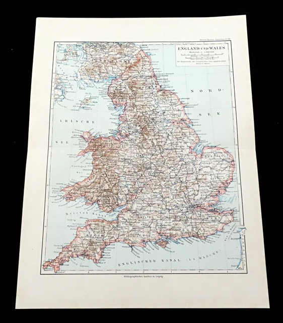 ENGLAND MAP WALES London English Counties County Borders GERMAN Antique ...