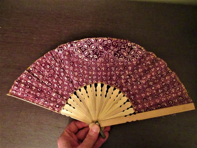 TRADITIONAL BALI INDONESIAN Batik & Bamboo Folding Fan 15” x 8” Purple ...