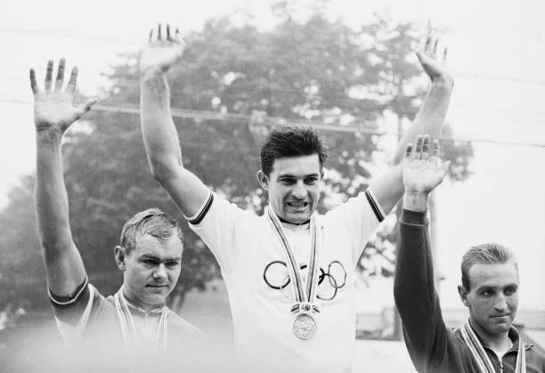 MARIO ZANIN ITALY celebrates gold medal second placed silver me- 1964 ...
