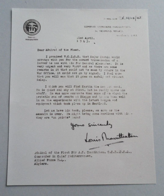 OPERATION MINCEMEAT ~LORD Mountbatten's Letter Regards Landings # Read ...