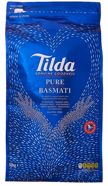TILDA PURE BASMATI Rice, 10kg Gluten Free, Fluffy Texture, Resealable ...