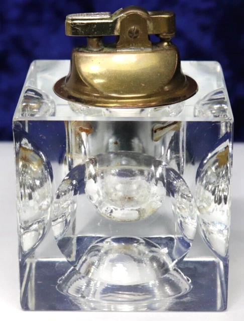 VINTAGE CRYSTAL GLASS Cube Table Lighter 1960s Japan Retro Design Flint ...