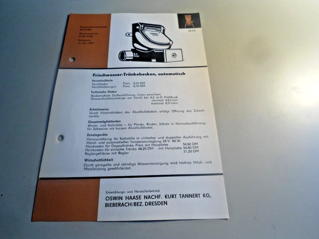 ALTES DATENBLATT LANDWIRTSCHAFT DDR Frischwasser-Tränkebecken ...