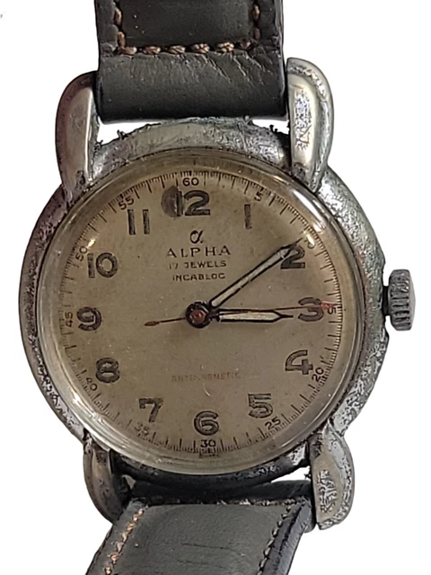 ALPHA 17 JEWELS Incabloc Red Pointer Military Style Wrist Watch Vintage ...