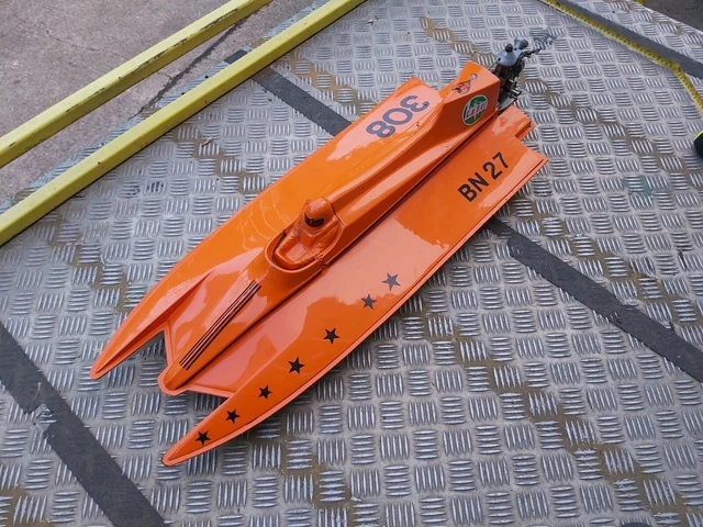 RARE VINTAGE RADIO controlled boat f1 catamaran, with outboard nitro ...