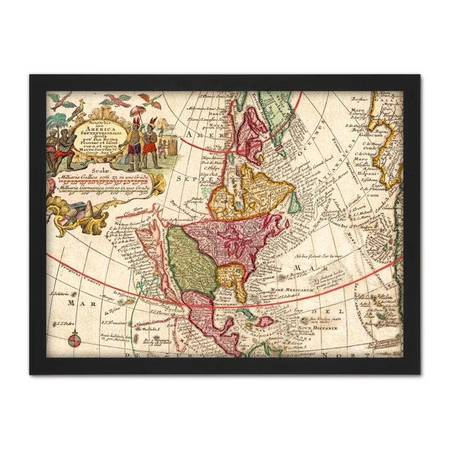 SEUTTER 18TH CENTURY Pictorial Map North America Framed Wall Art Print ...