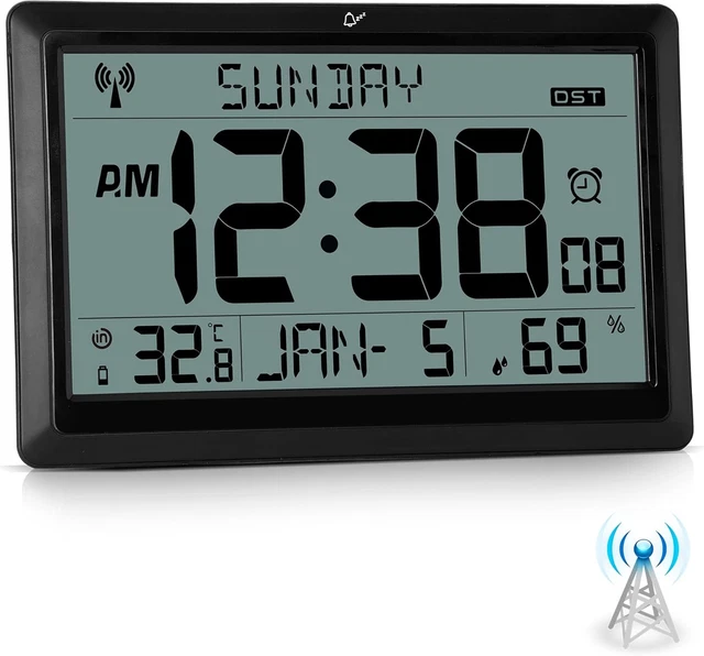 LCD RADIO CONTROLLED Wall Clock, Digital Wall Clock Battery Operated ...