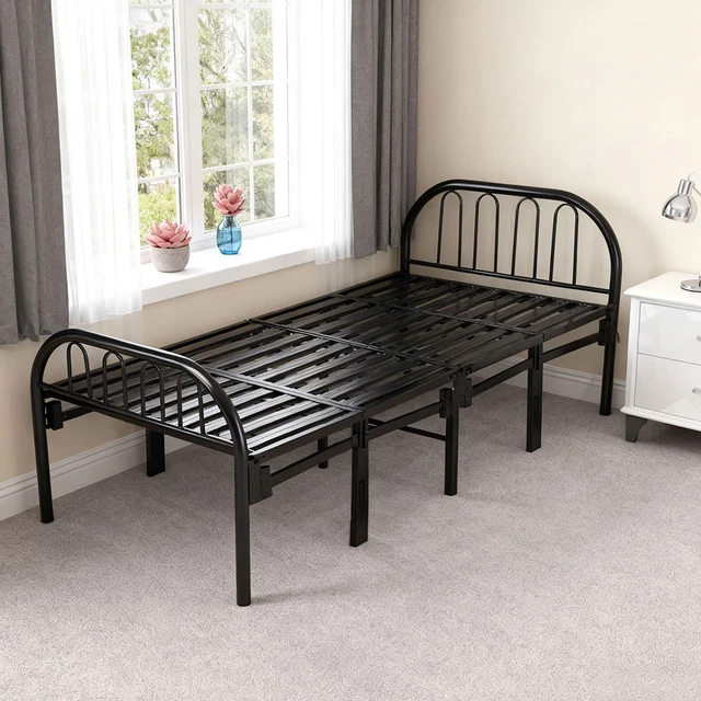 STRONG STEEL FOLDING Bed Frame Guest Student Single Platform Headboard ...