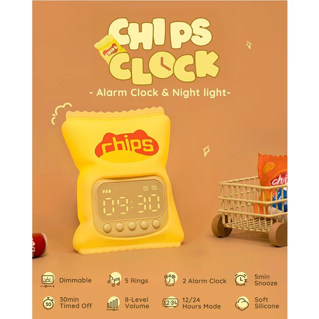 POTATO CHIP ALARM Clock W/Night Light Table Lamp USB Rechargeable for ...