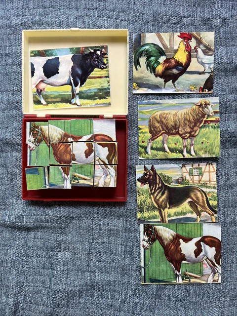 ANTIQUE PICTURE BLOCK PUZZLE IN A BOX with 6 PUZZLES - FARM ANIMALS - W ...