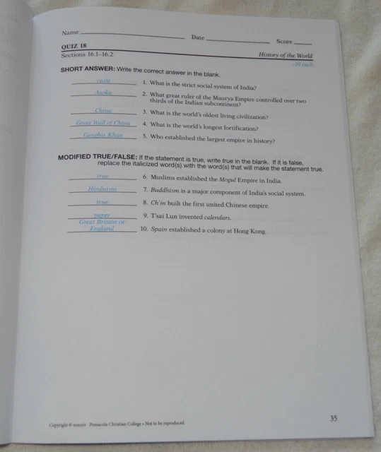 NEW ABEKA HISTORY of the World in Christian Perspective Quiz Key 7th ...