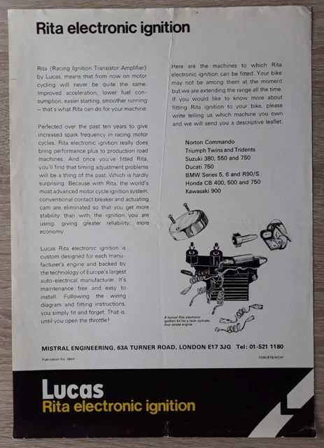 LUCAS RITA MOTORBIKE Electronic Ignition Brochure / Leaflet c.1976 £7. ...