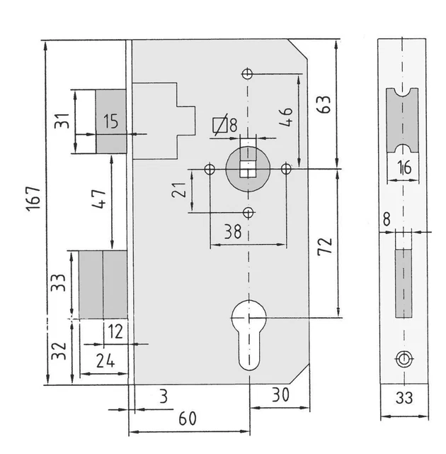 EINSTECKSCHLOSS FÜR SCHLOSSKASTEN 40mm Rohr Dorn 60 PZ 72mm Bever 460 ...