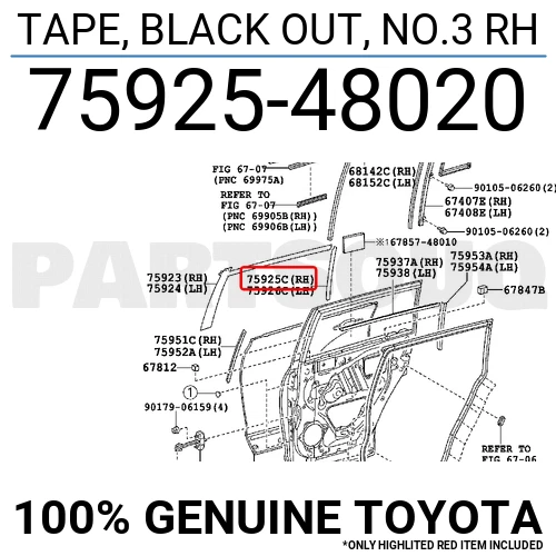 7592548020 GENUINE TOYOTA TAPE, BLACK OUT, NO.3 RH 75925-48020 EUR 9,79 ...