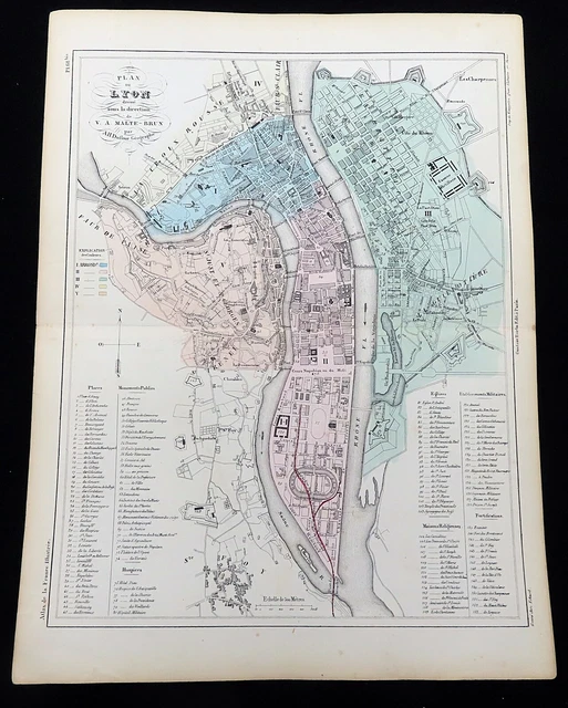ANTIQUE MAP OF Lyon France City Street Plan Route River Rhone Engraving ...