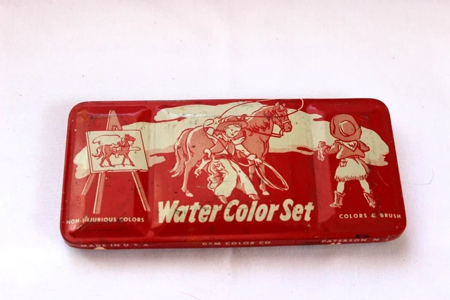 VINTAGE 1950'S CHILD'S tin litho toy Paint Box watercolor Cowboy horse ...