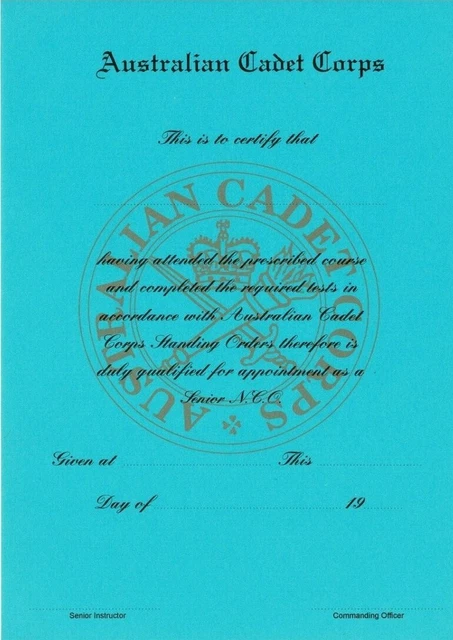 AUSTRALIAN MILITARY CADET Corps certificate of completion of course ...