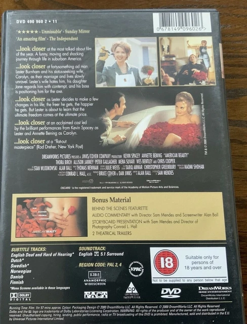 DVD AMERICAN BEAUTY DVD 2000 Annette Bening Cert 18 Drama £4.99 ...