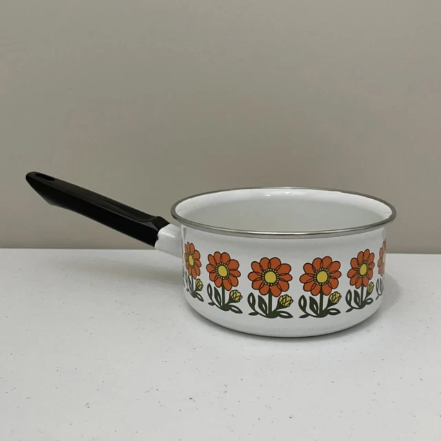 VINTAGE 1970S RETRO Cookware Orange/Yellow Flowers Enamelware Pot Sauce ...