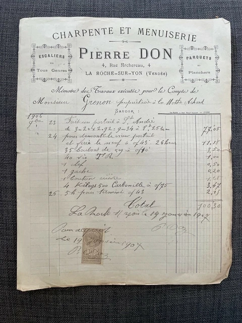 ANTIQUE PIERRE DON La Roche Framing and Carpentry Invoice on Yon Vendée ...
