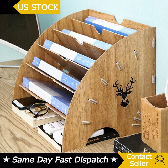 WOODEN FILE RACK Desktop A4 Document Storage Shelf Fan-Shaped Office ...