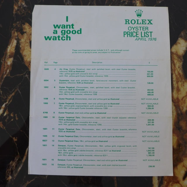 ORIGINAL VINTAGE 1976 Rolex Price List Catalogue Featuring All Models ...