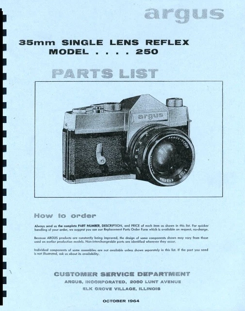 ARGUS SLR MODEL 250 Parts List & Exploded Views Reprint, Mamiya Prismat ...