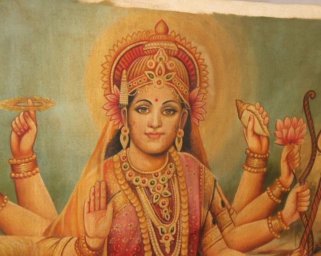 ANTICO OLIO DIPINTO Su Tela Di Indù Divinità Vaishno Devi EUR 347,07 ...
