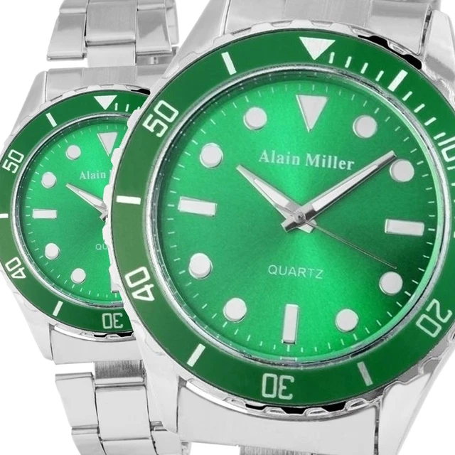 ALAIN MILLER MONTRE Hommes Vert Argent Analogique Acier Inoxydable ...