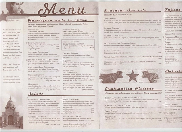 AUSTIN GRILL MENU Washington DC Baltimore Alexandria $24.79 - PicClick CA