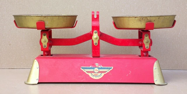 JOUET BALANCE ROBERVAL FRANCE JOUET 1 kg vintage TOLE rouge + PLATEAU ...
